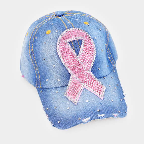 Accessories | Bling Pink Ribbon Denim Baseball Cap | Poshmark